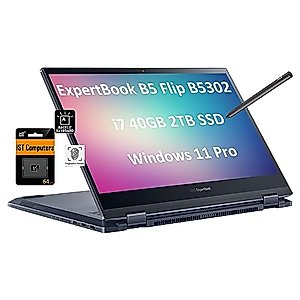 ASUS ExpertBook B5 Flip 2-in-1 Business Laptop (13.3" FHD OLED Touchscreen, Intel Core i7-1165G7, 40GB RAM, 2TB SSD, Active Pen), Backlit, FP, 14-Hr Long Battery Life, 3-Yr WRT, Win 11 Pro, Black