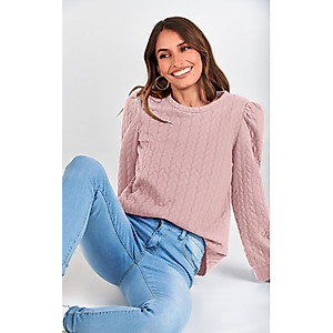 PRETTYGARDEN Quilted Puff Sleeve Sweatshirt Fall Fashion 2024 Trendy Casual Western Ladies Pullover Outfits Clothes (Pink,L)