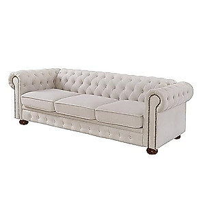 ERYE Clasic Chesterfield 3 Seaters Sofa Couch W/Luxury Roller Armrest Soild Wood Legs Linen Fabric Upholstered Button Tufted Sofa&Couch with Removable Cushions & Nailhead Decor