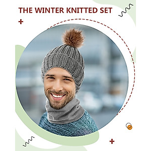 SATINIOR 6 Pcs Winter Beanie Hat Scarf Gloves Set for Women, Knitted Beanie with Pom Pom Neck Warmer Touchscreen Gloves Set(Gray, White)