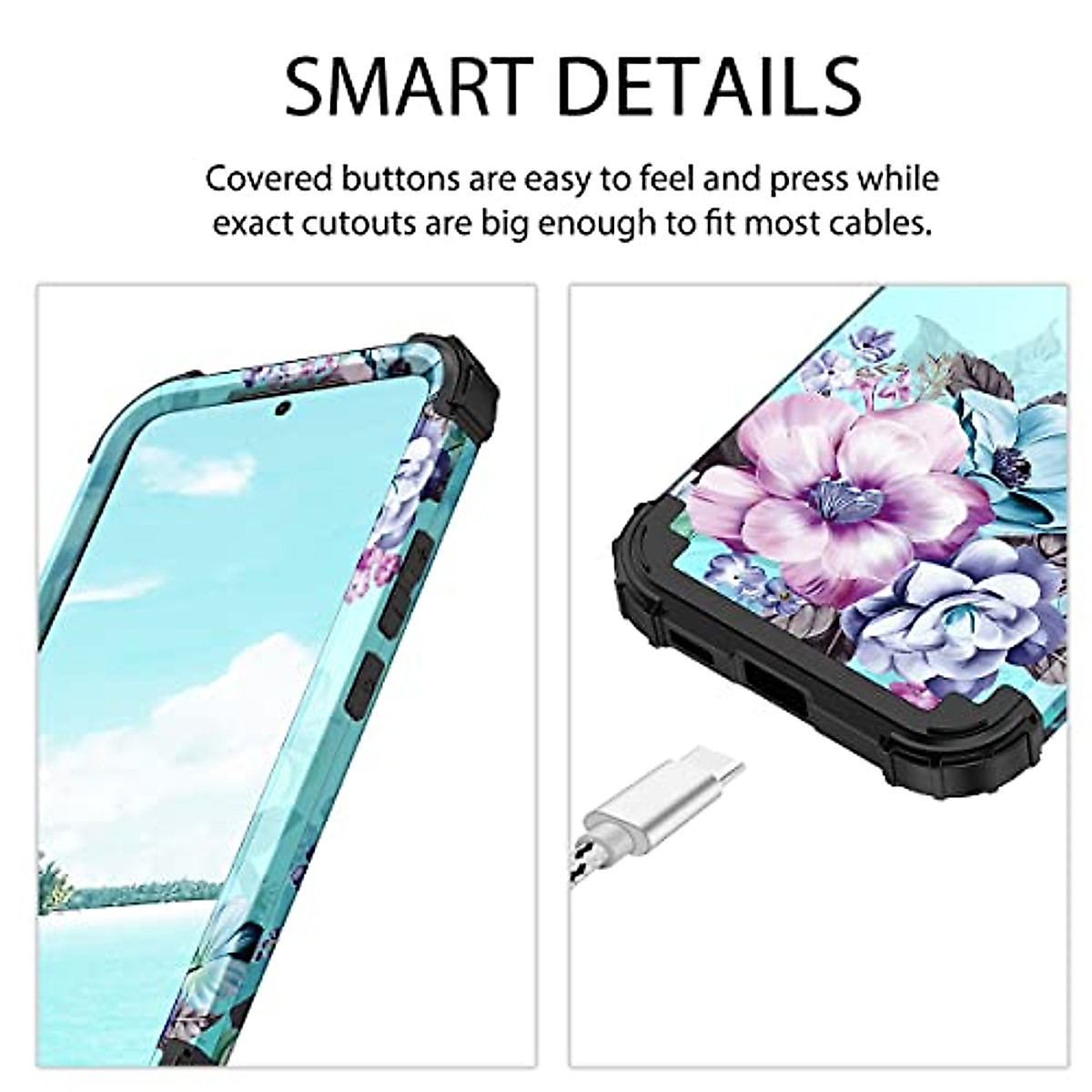 Casetego Compatible with Galaxy S22 5G Case,Floral Three Layer Heavy Duty Sturdy Shockproof Full Body Protective Cover Case for Samsung Galaxy S22 5G,Blue Flower