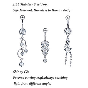 Vsnnsns 14G Belly Button Rings for Women Stainless Steel CZ Opal Long Dangle Belly Button Piercing Jewelry Belly Rings Bars Curved Navel Ring Barbell Body Jewelry Piercing for Women Men Silver 8Pcs