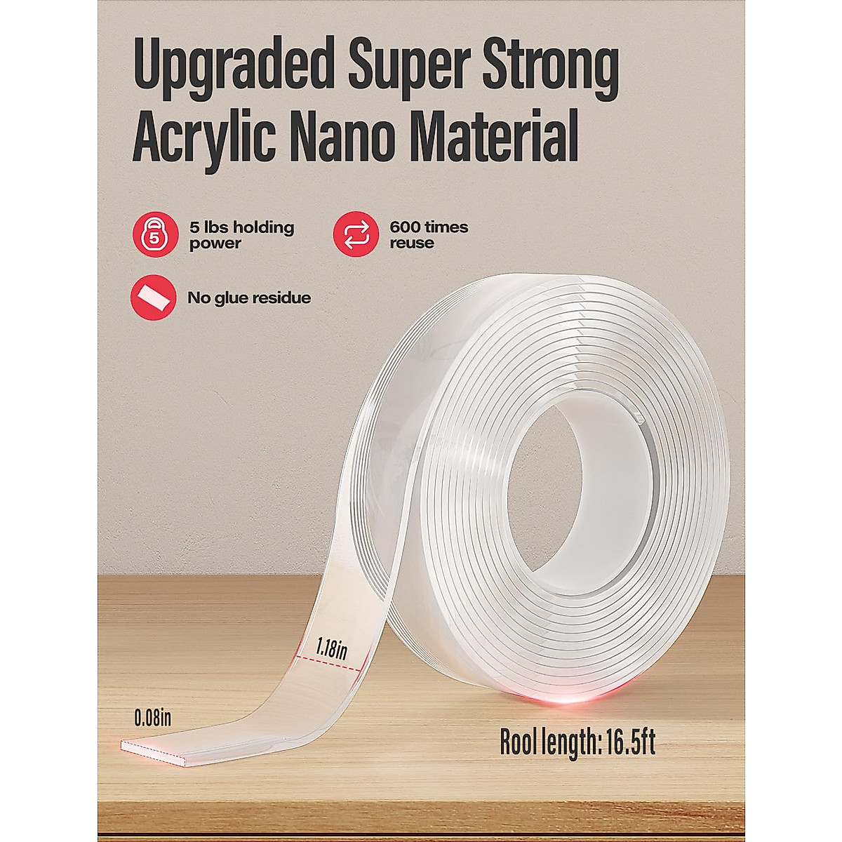 UALAU Double Sided Tape with Cutter, 16.5FT Heavy Duty Removable Washable Grip Mounting Tape for Home/Office/Car Decor, Fix Carpet Mats