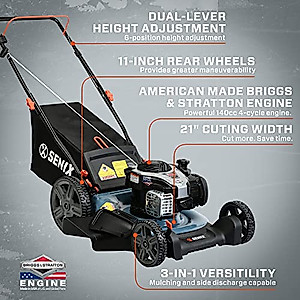 SENIX Gas Lawn Mower, 21-Inch, 140 cc 4-Cycle Briggs & Stratton Engine, 3-in-1 Push Lawnmower, 6-Position Height Adjustment with 11-Inch Rear Wheels, LSPG-M7, Blue