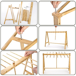 Pumtus Bamboo Pasta Drying Rack, Noodle Dryer Stand with Transfer Wand and 14 Bars, Stable Household Spaghetti Hanger, Lasagna Noodle Drying Rack for Kitchen and Cooking