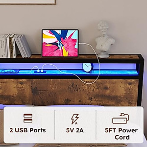 Kiivakii Full Bed Frame with Headboard Storage, LED Platform Bed with USB Ports for Bedroom Farmhouse, Heavy Duty, Wooden Board Decoration, Noise Free No Box Spring Needed, Rustic Brown