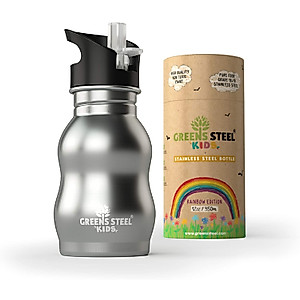 Kids Water Bottle with Straw & Handle, 12 oz Silver- Eco Friendly Toddler Cups with Straws - Easy Sip Metal Water Bottle for Kids - Cute Stainless Steel Water Bottles for Children - Leak Proof Lid