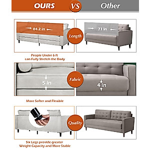 YODOLLA 84.2 Inch Faux Leather Sofa Couch with 2 Bolster, Large Mid Century Modern Couch with 2 Bolster Pillows 3 Seats Sofa Couch for Living Room, White