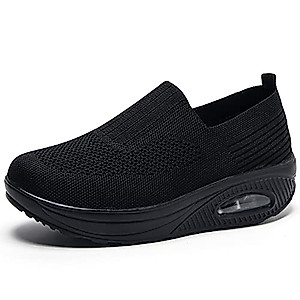 YING LAN Women Platform Sneakers Air Cushion Slip-on Walking Shoes Breathable Nursing Orthopedic Wedge Shoes Adjustable Mary Jane A-Black