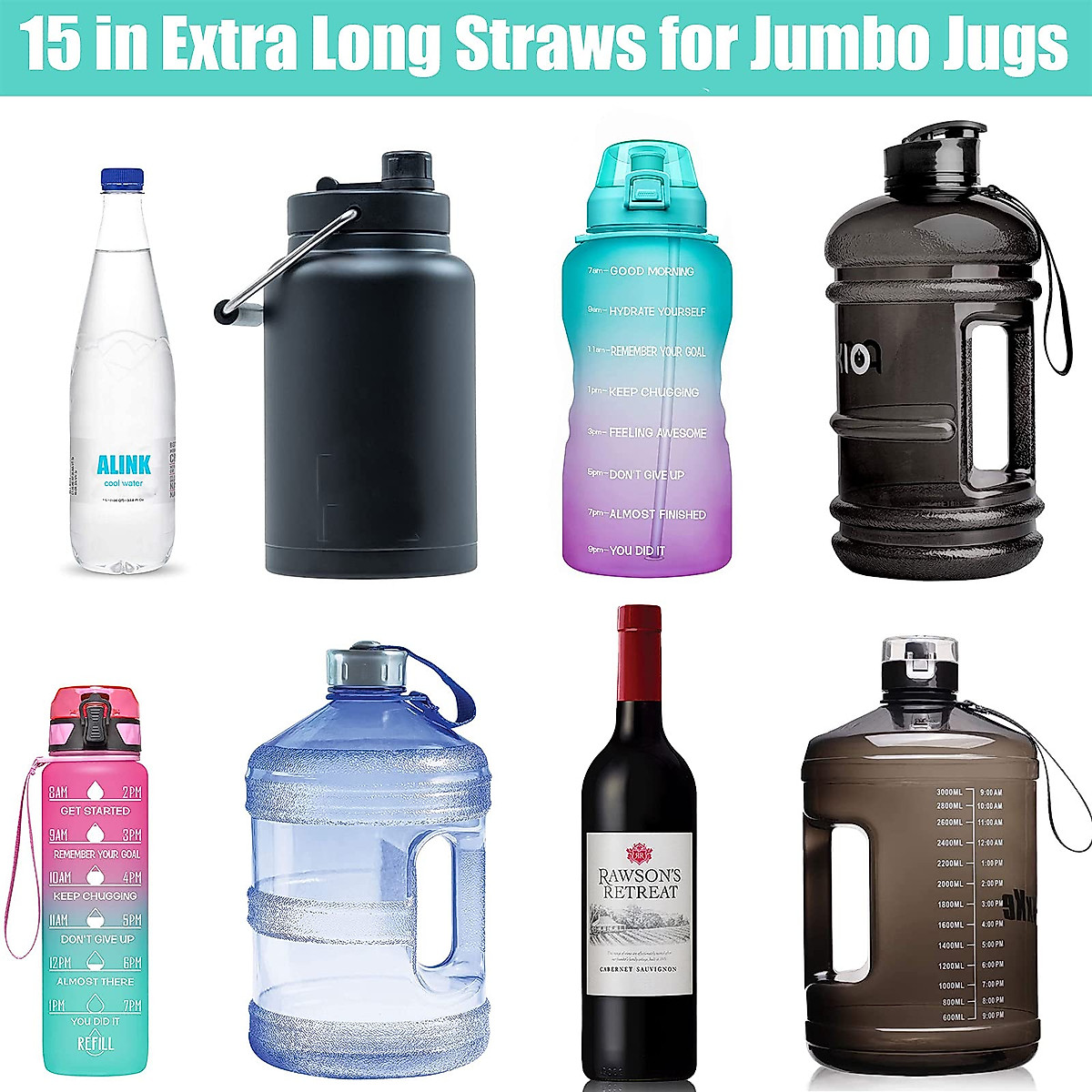 ALINK 15 inch Extra Long Reusable Black Silicone Straws, 4-Pack Flexible Straws for Stanley 40 oz Tumbler, 1 Gallon Water Bottle, Wine Bottle, 128 64 oz Tumbler with Brush