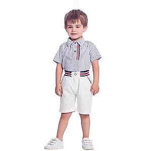 Top and Top Toddler Baby Boys Short Sleeve Button Down Blue Striped Shirts Short Pants Clothing Sets (110/4T)