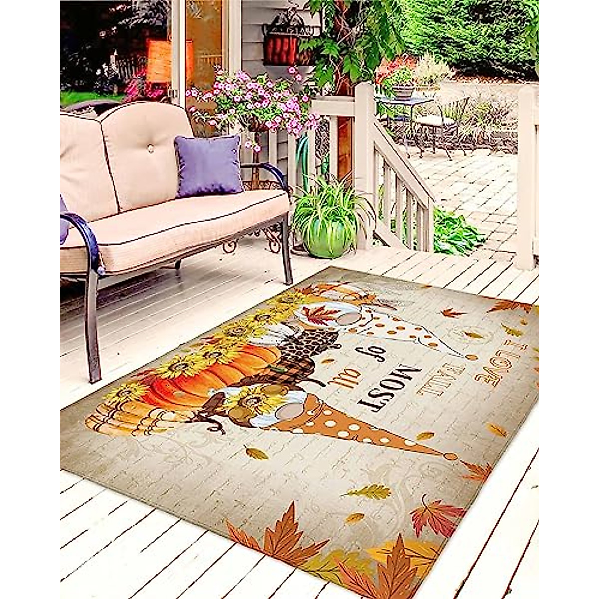 Outdoor Area Rug for Patio,Thanksgiving Fall Gnome Pumpkin Sunflowers Camping Rugs Indoor Large Floor Mat 4x6ft,Autumn Maple Retro Letters Outside Carpet for Deck RV Picnic Porch Backyard Bedroom