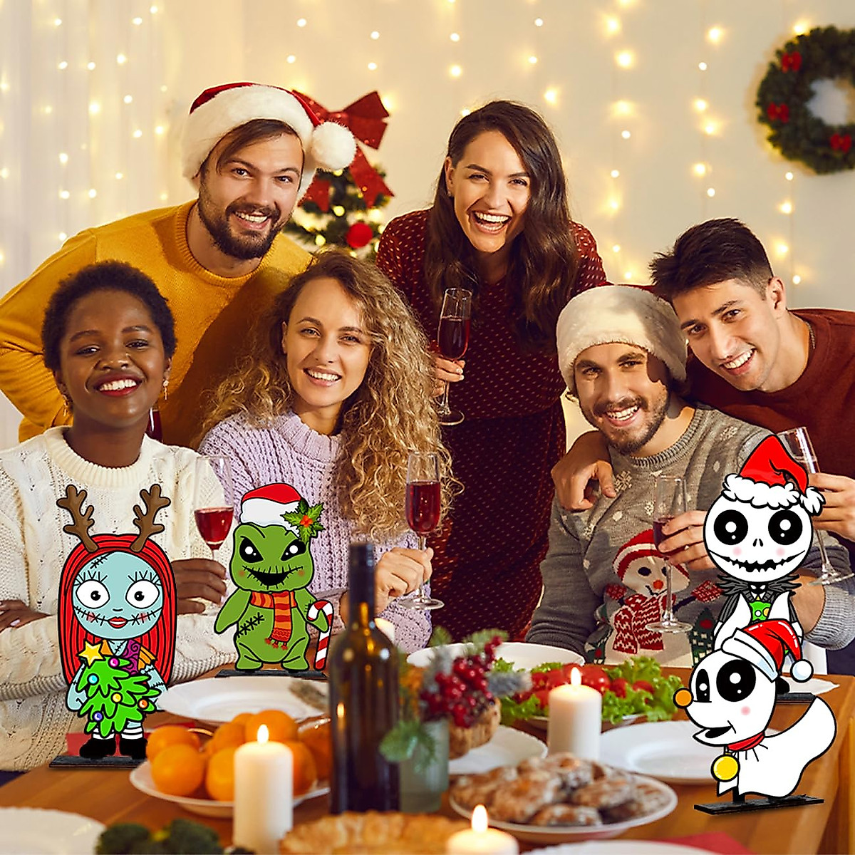 Christmas Table Decorations Nightmore Christmas Wooden Sign Jack Skellington and Sally Table Centerpieces for Home Holiday Party 4PCS