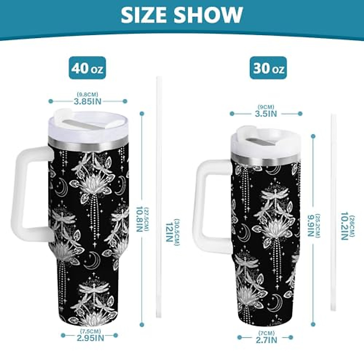 Emelivor Dragonflies Black 30 oz Tumbler with Lid and Straw Insulated Tumblers with Handle Leak Proof Coffee Tumbler Mug Large Water Bottles for Women Men Sports Gym