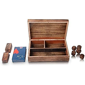 Great Gift Ideas Wooden Playing Card Box with 5 Dice & 28 Dominoes Tiles Game Set Deck Pack Case Holder Storage Accessories Organizer with Playing Cards Classic Table Game