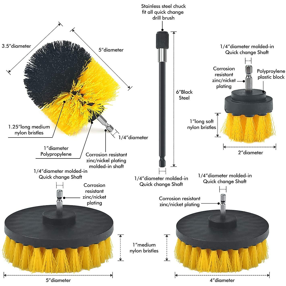 Shieldpro Drill Brush Attachment Set,Power Cleaning Scrub Brush,All Purpose Drill Brushes with Extend Long Attachment for Bathroom and Kitchen Surface,Grout,Tub,Shower,Tile,Corners, Automotive-Yellow