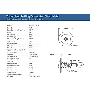 #8 x 1/2" Phillips Modified Truss Head Self-Drilling Tek Screw, Zinc-Plated Steel for Sheet Metal Attaches Wire Lath to Metal Studs - Box of 100