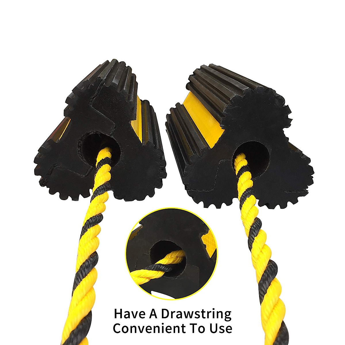 ROBLOCK Heavy Duty Wheel Chocks, Rubber Wheel Block Non-Slip Base with Nylon Rope Yellow Reflective Tape - 1 Pair Black, Wheel Stoppers for Travel Trailers, RV, Aircraft, Car, Camper, Truck