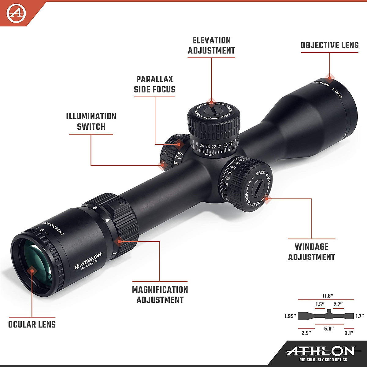 Athlon Optics 214104: Helos BTR Gen2 2-12X42 Riflescope Ahmr2 Ffp Ir Moa Reticle