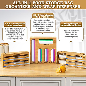 deeplin Storage Bag Organizer and Wrap Dispenser with Cutter, 9 IN 1 Bamboo Foil and Plastic Wrap Organizer for Kitchen Drawer, Plastic Bag Organizer for Gallon,Quart,Sandwich,Snack