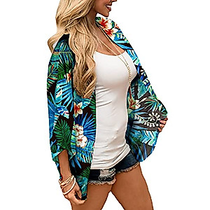 Women Chiffon Kimono Cardigans Tropical Tops Hawaiian Shirts Summer Beach Sheer 3/4 Sleeve Leaf Print (Black, M)