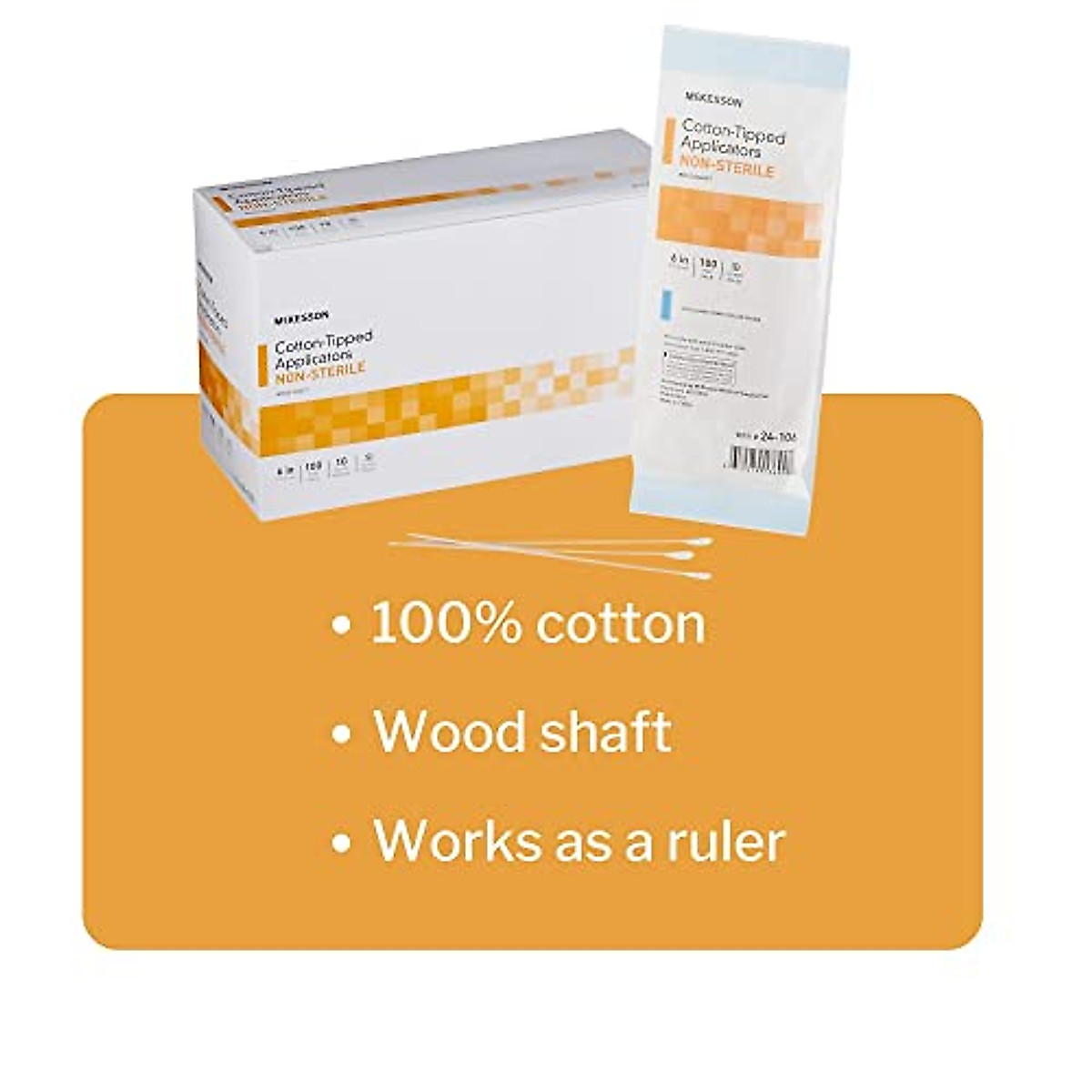 McKesson Cotton-Tipped Applicator Swabstick, Non-Sterile, Wood Shaft, 6 in, 100 Count, 10 Packs, 1000 Total