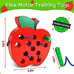 Lacing Toys for Toddlers - Wooden Lacing Apple Threading Toy, Shape Puzzle Fun Travel Game for Montessori Early Learning of Fine Motor Skills Lacing Toy, Educational Gift for Boys and Girls Ages 3-5