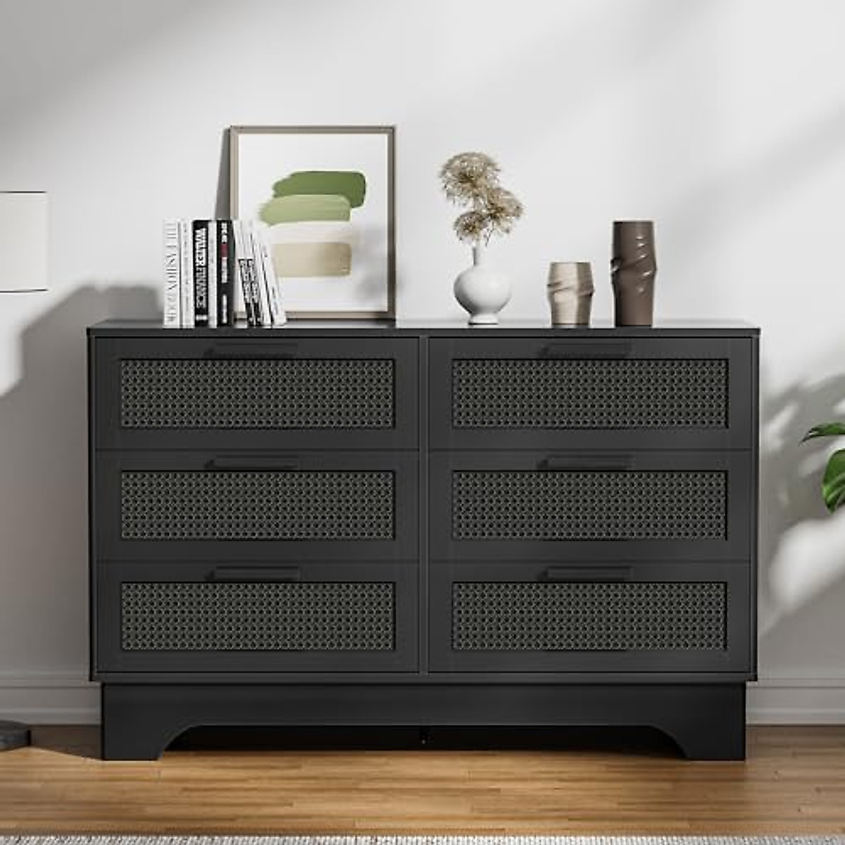 Anmytek Black Rattan 6 Drawer Dresser for Bedroom, Wood Dressers for Bedroom, Natural Wood Storage Wide Dressers & Chests of Drawers Large Storage Cabinet for Closet, Bedroom and Entryway, H0110