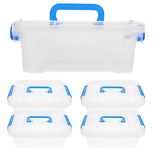 5Pcs Transparent Desktop Storage Box with Handle Carrying Case for Toys Arts Crafts Tools and Office Supplies