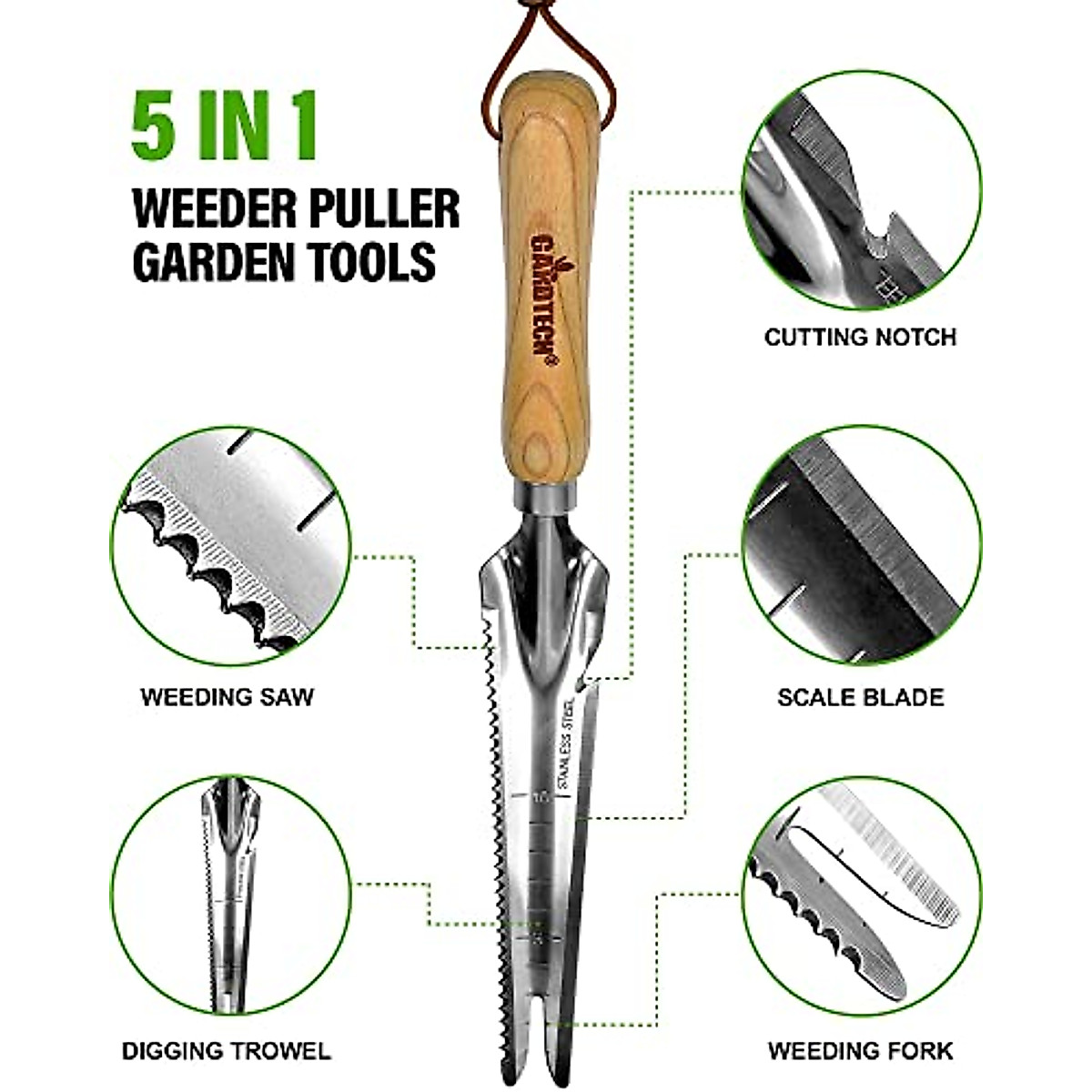 Gardtech Weeder Puller, Hand Weeder Tool, Weeding Trowel, Garden Weeding Tools with Wooden Handle Stainless Steel Head for Easy Weeder Removal, Transplanting, Pruning, Digging Multi Use Gardening Tool