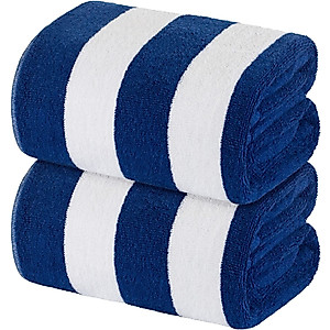 White Classic Beach Towels Oversized Navy Cabana Stripe Cotton Bath Towel Large - Luxury Plush Thick Hotel Swim Pool Towels for Adults Super Absorbent Quick Dry - 35x70 Blue [2 Pack]