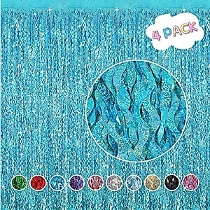 4 Pack Teal Aqua Blue Wavy Foil Fringe Curtains Party Decorations - 3.3 ft x 6.6 ft Sparkle Streamer Tinsel Curtain Party Photo Backdrops for Birthday Party Christmas Graduation Decoration