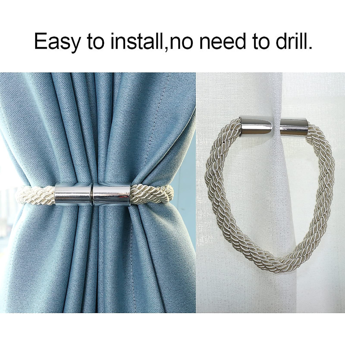 2 Pcs Magnetic Curtain Tiebacks Magnetic Curtain Holder Curtain Tie Window Treatment Holdbacks Back Magnetic Curtain tiebacks Hand Braided Cord for Home Bedroom Office Decorative Curtain（creamy-white）