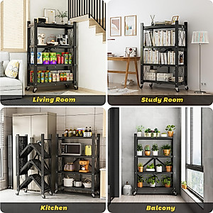 Pokfeic All-in-one Heavy Duty Storage Shelving Unit, Foldable Storage Shelves with Wheels, 4-Tire Utility Rolling Cart, Foldable Easy to Install Metal Standing Shelf, Max Loading 400lbs (Black)