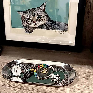 Hbluefat 2Pcs 7In Small Silvery Stainless Steel Decorative Tray,for Serving Decorative Gold Jewelry Dish Key Bowl Towel Mirror Candle Dresser Decor Metal Perfume Trim Storage Dessert(Oval) (Silvery)