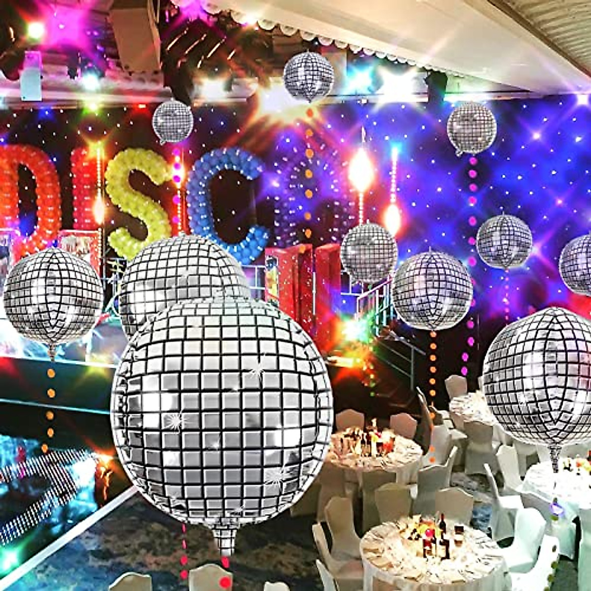 20Pcs Disco Ball Balloons Different Sizes- 4D Large Disco Balloons 32” 22” 10 Inch Assorted Round Metallic Silver Disco Mylar Balloons for 70s 80s Disco Themed Birthday New Year's Party Decor Supplies