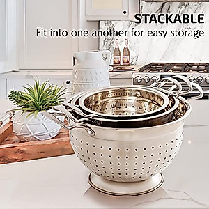 Ovente Premium Stainless Steel Colander Set of 3 Deep Kitchen Strainer, Dishwasher Safe 1.5, 3 & 5 Quarts Metal Bowl Drainer with Handle for Pasta, Fruit, Noodle, Meal Prep, Silver C46263S