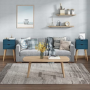 JAXPETY Nightstands Set of 2, Night Stand with Drawers, Bedside Tables with Solid Wood Legs and Large Storage Space, End Table, Side Table, for Bedroom, Blue