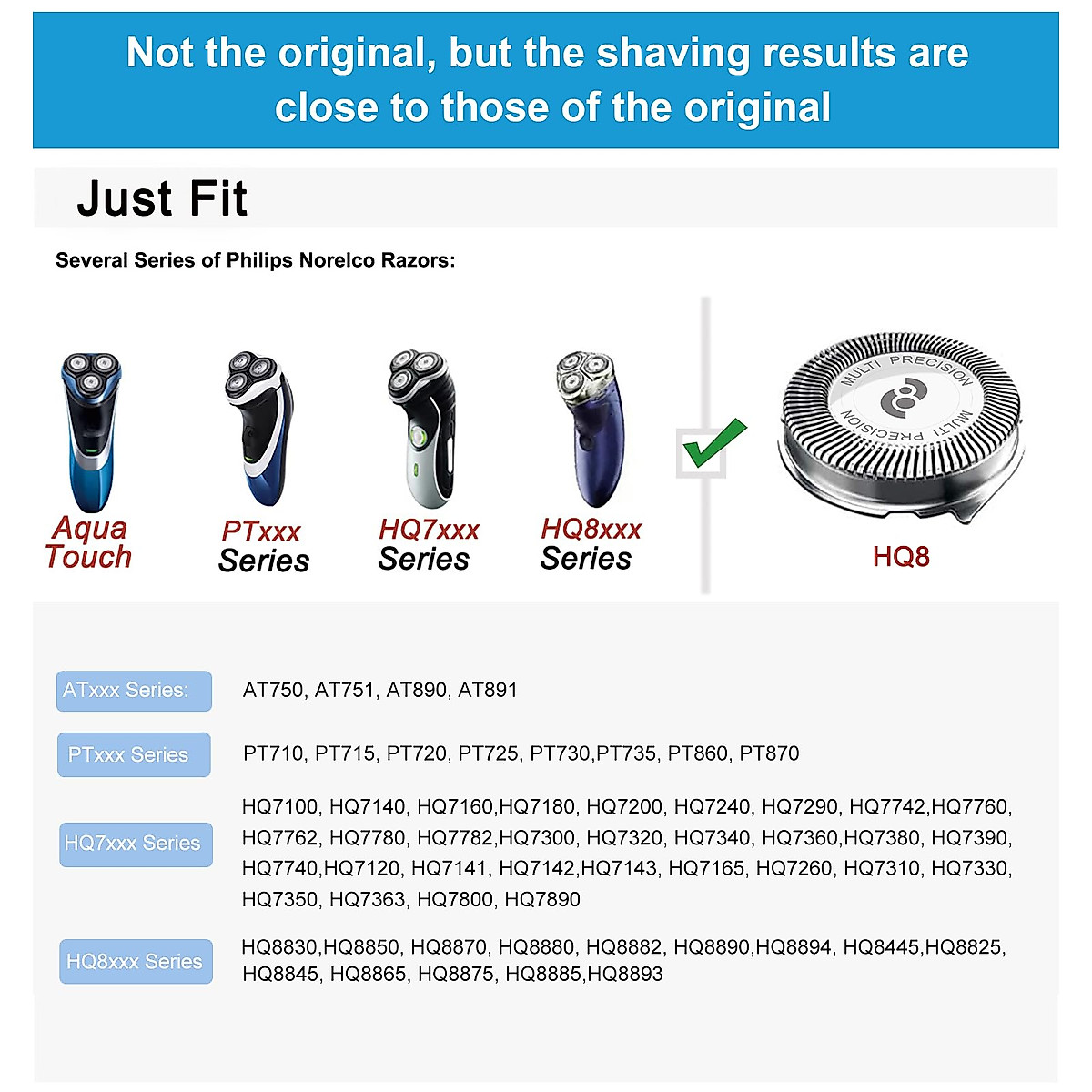 HQ8 Replacement Heads, Blades for Aquatec Shaver HQ8505 AT815 AT810, 3pc-Pack