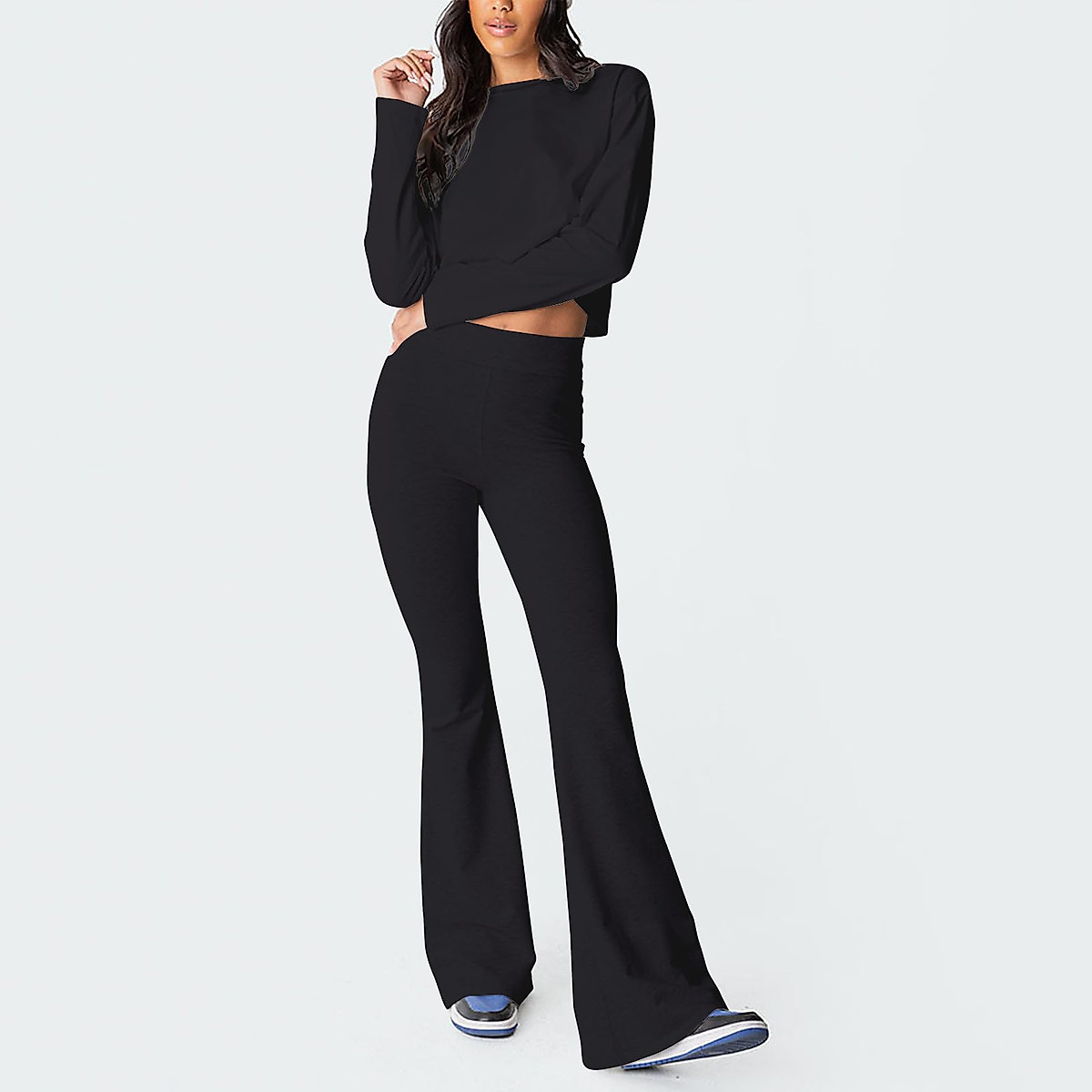 Gumipy Lounge Sets for Women 2 Piece Outfits Long Sleeve Crop Top & Flared Leggings Y2K Fall Outfits Trendy Workout Outfit Sets Cotton Jersey Collection Sweatsuits Yoga Matching Sets Tracksuit