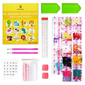 sinceroduct 64 PCS 5D DIY Diamond Painting Stickers Kits for Kids and Adult Beginners, Stick - Shaped Paint Marked with Diamonds by Numbers, More Cute Animals, Dinosaurs, Kids Gift