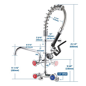 MaxSen Wall Mount Faucet 4 inch to 8 Inch Adjustable Center 25" Height Brass Commercial Kitchen Sink Faucet with Sprayer Pre-Rinse Faucet with 8 Inch Add on Spout Fit for Restaurant and Hotel