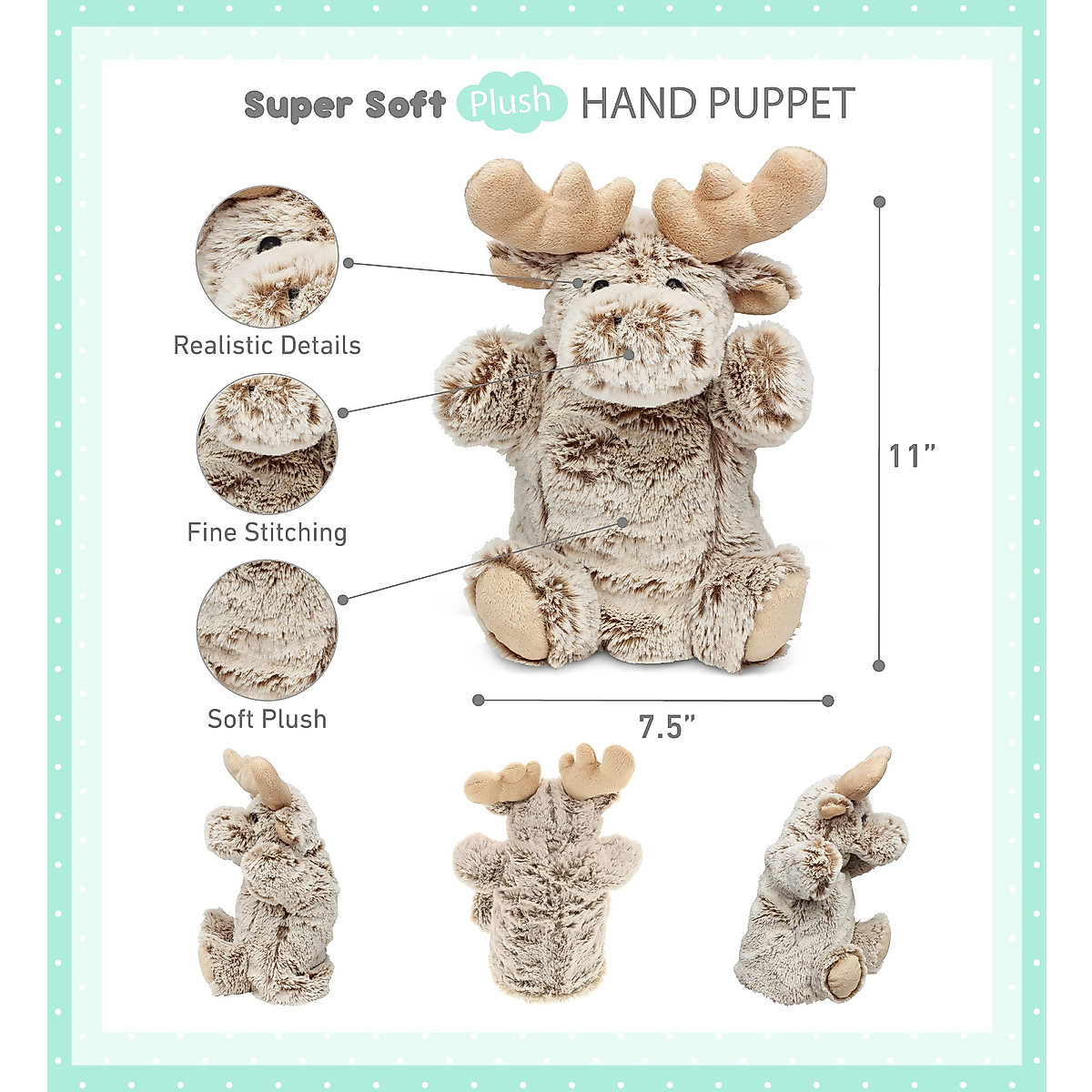 DolliBu Moose Plush Hand Puppet For Kids - Soft Plush Stuffed Animal Hand Puppet Toy for Puppet Show Games & Puppet Theaters for Kids, Adult's Cute Puppets Educational Toy to Teach Children & Toddlers