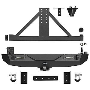 Hooke Road Offroad Rear Bumper with Spare Tire Carrier for 2007-2018 Jeep Wrangler JK & Unlimited 2/4 Doors, Built-in Hitch Receiver & LED Lights & D-rings