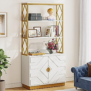 Tribesigns White and Gold Bookshelf with Doors: 70.9 Inches Tall Etagere Bookcase with 3 Shelves 2 Cabinets, Modern Open Display Book Shelves with Metal Frame for Living Room Bedroom Office