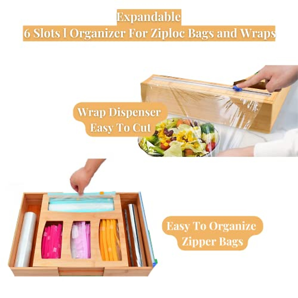 Zaytun Drawer Organizer for Ziplock Bags and Foil | Expandable & Englrarged 6-IN-1 Zip Lock Bag Organizer For Drawer & Foil And Plastic Wrap Dispenser With Cutter for Kitchen Organization and Storage