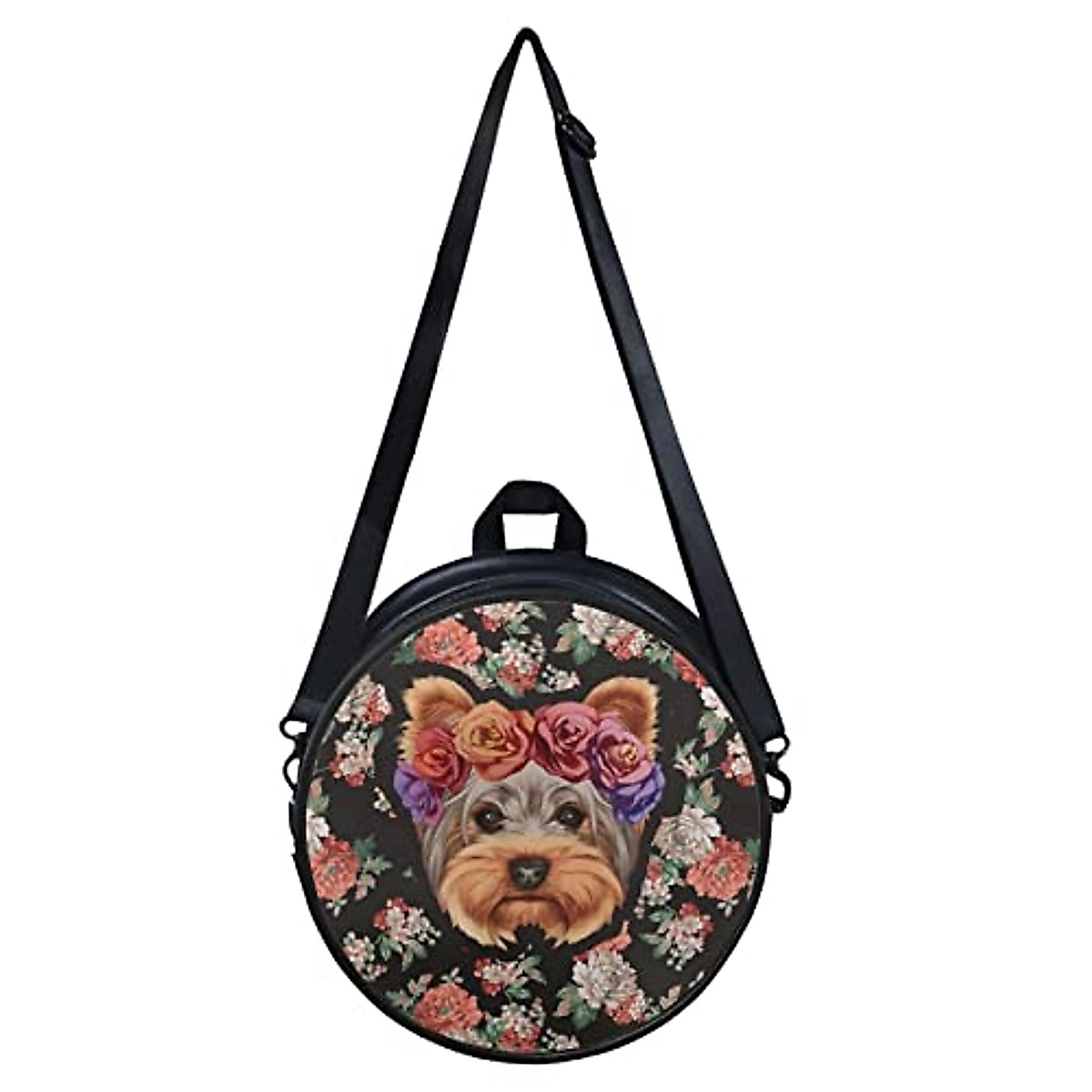 SCRAWLGOD Women Round Satchel Bag Yorkshire Terrier Dog Floral Print Small Crossbody Bags Cell Phone Purse Clutch Messenger Shoulder Handbag