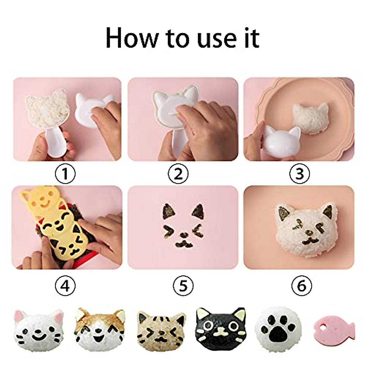 Cute Cat Rice Ball Molds 6 Sets Sushi Molds Bento Accessories Kits with 3PCS Vegetable Fruit Cutter Shapes and 1PC Gimbap Mold Triangle for Nori Rice Making DIY Bento Box Picnic Tools
