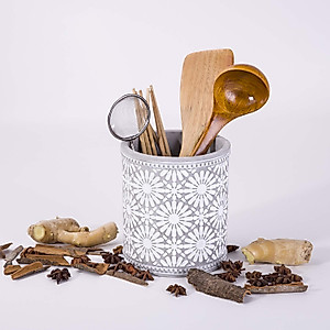 Farmhouse Kitchen Cooking Utensil Holders | Fine Embossed Cement Utensils Crock | Cement Utensil Container Kitchenware Flatware Organizer Decor Utensils Caddy (Flower Pattern)