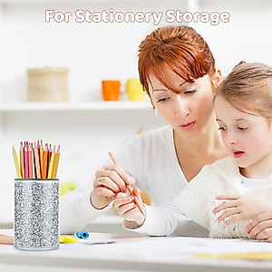 Crushed Diamond Silver Glass Kitchen Utensil Holder Round for Countertop Flatware Utensil Organizer Home Decor Sparkly Gift (Silver)